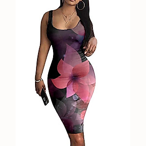Midi Spring Dresses for Women 2023 Women Casual Sexy Round Neck Tank Top Sleeveless Dress Flower Print Casual Dress Pink