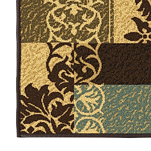 Machine Washable Damask Design Non-Slip Rubberback 3x10 Traditional Runner Rug for Hallway, Kitchen, Bedroom, Living Room, 2'7" x 9'10", Brown/Green