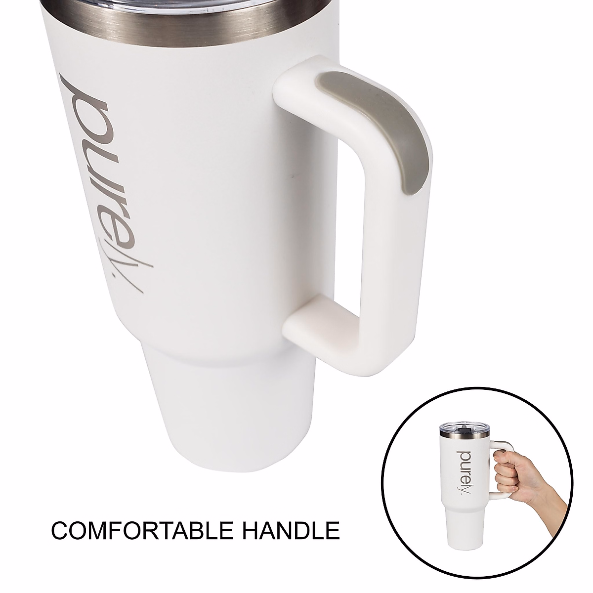 PURELY 40 oz Ceramic Lined Insulated Tumbler with Handle, Leak Resistant 2-way Lid and Straw, Ceramic Lined Travel Mug (White, 40oz)
