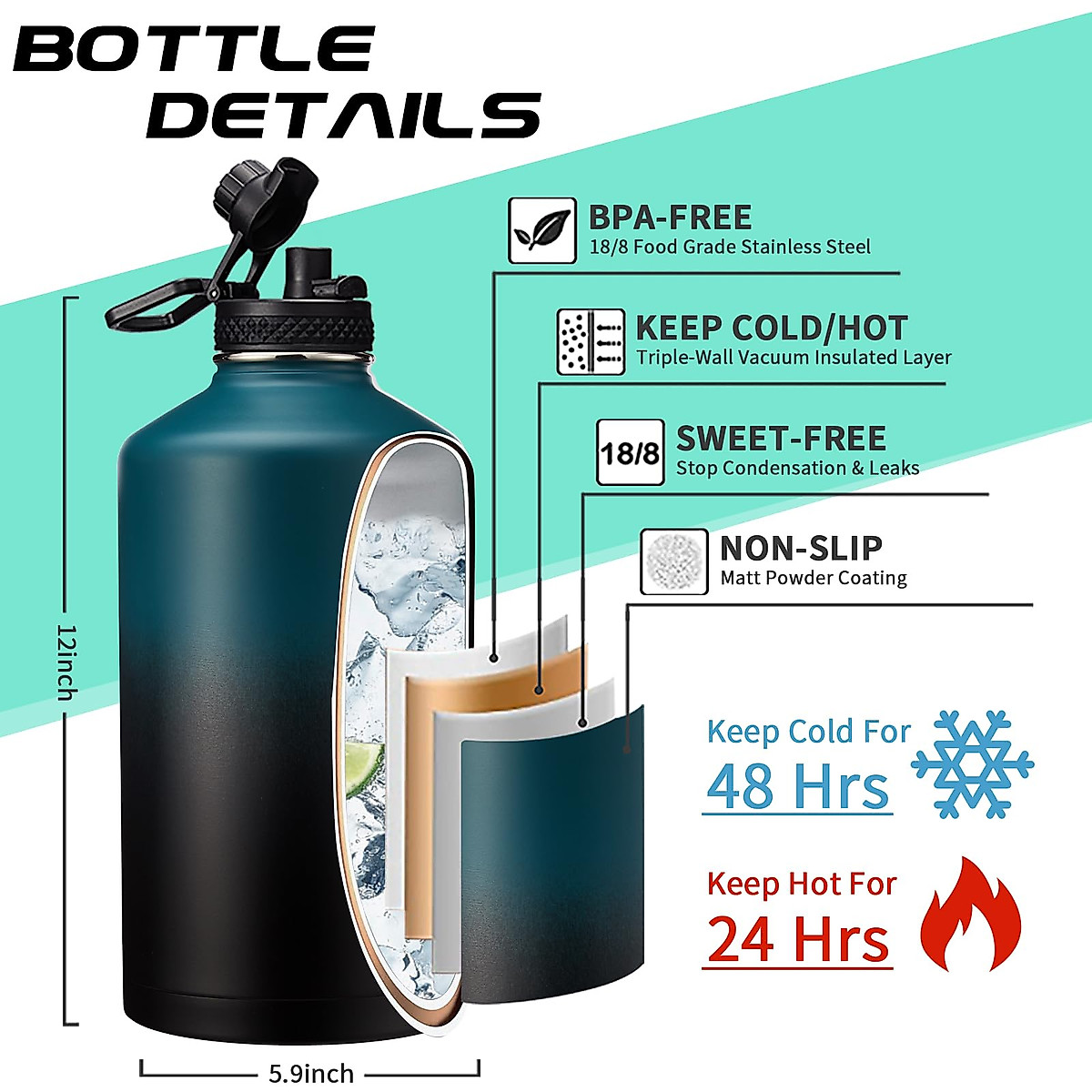 1 Gallon Water Bottle Stainless Steel - 128oz Insulated Flask with Sleeve Strap, Big Water Jug with Straw & Spout Lid, Gym Camping Gallon Water Bottle w/ Paracord Handle, protective Boot