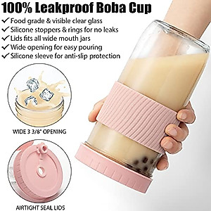 Reusable Boba Cup Bubble Tea Cup 2 Pack, 24Oz Wide Mouth Smoothie Cups with Lids Straws Silicone Sleeve, Leakproof Glass Mason Jars Drinking Water Bottle Travel Tumbler for Large Pearl Christmas Gifts