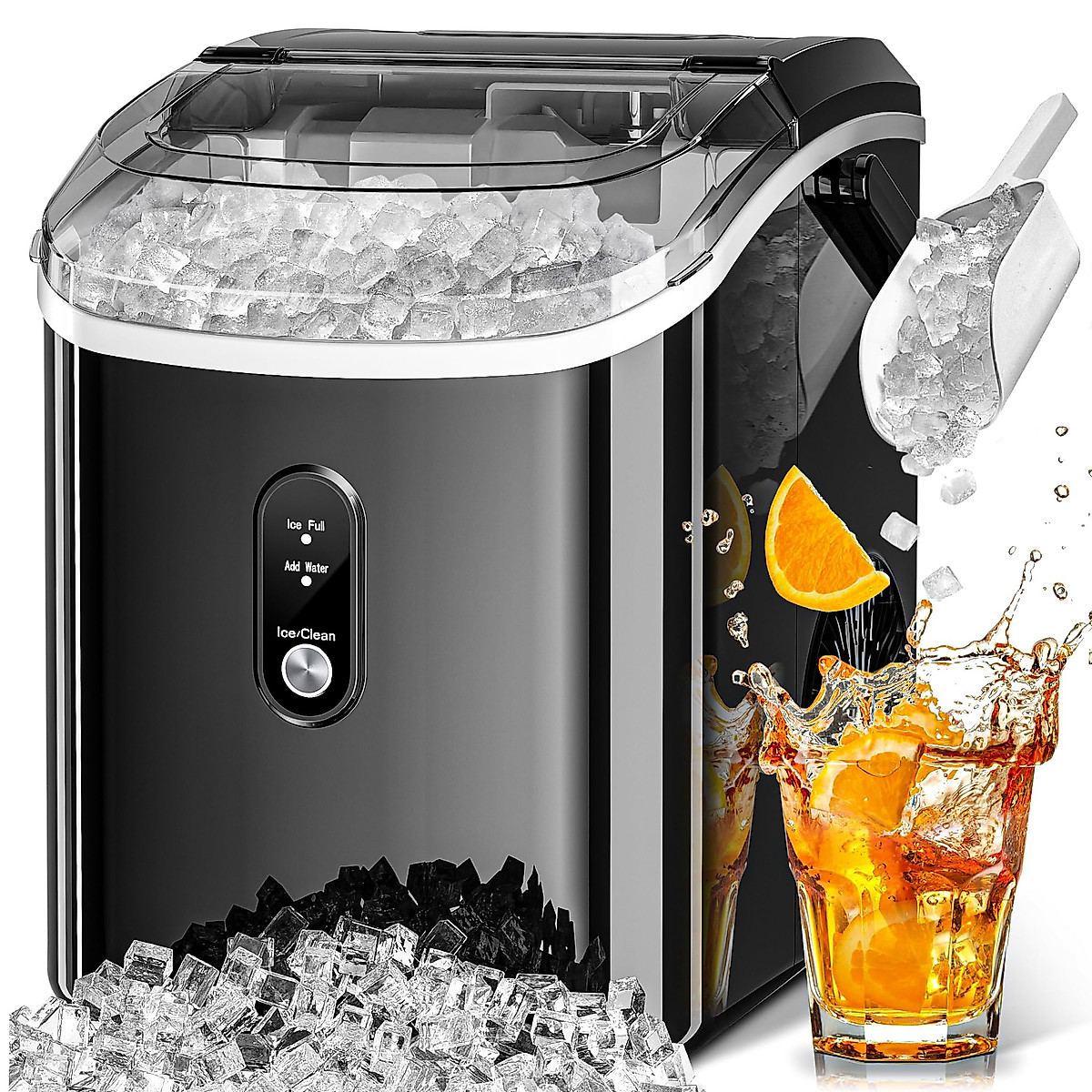 Nugget Ice Maker Countertop with Crushed Ice, 35lbs/Day, Portable Ice Maker Countertop with Handle, One-Click Operation, Compact Design, Sonic Pellet Ice Maker for Home & Bar(Black)