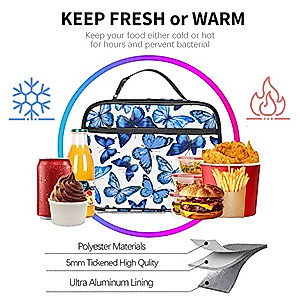 Blue Butterfly Lunch Box, Cooler Butterfly Lunch Bag with Detachable Buckle Hand Strap, Large Capacity Durable Lunch Tote Bag with Side Pocket for Women Mom Girls (Butterfly)