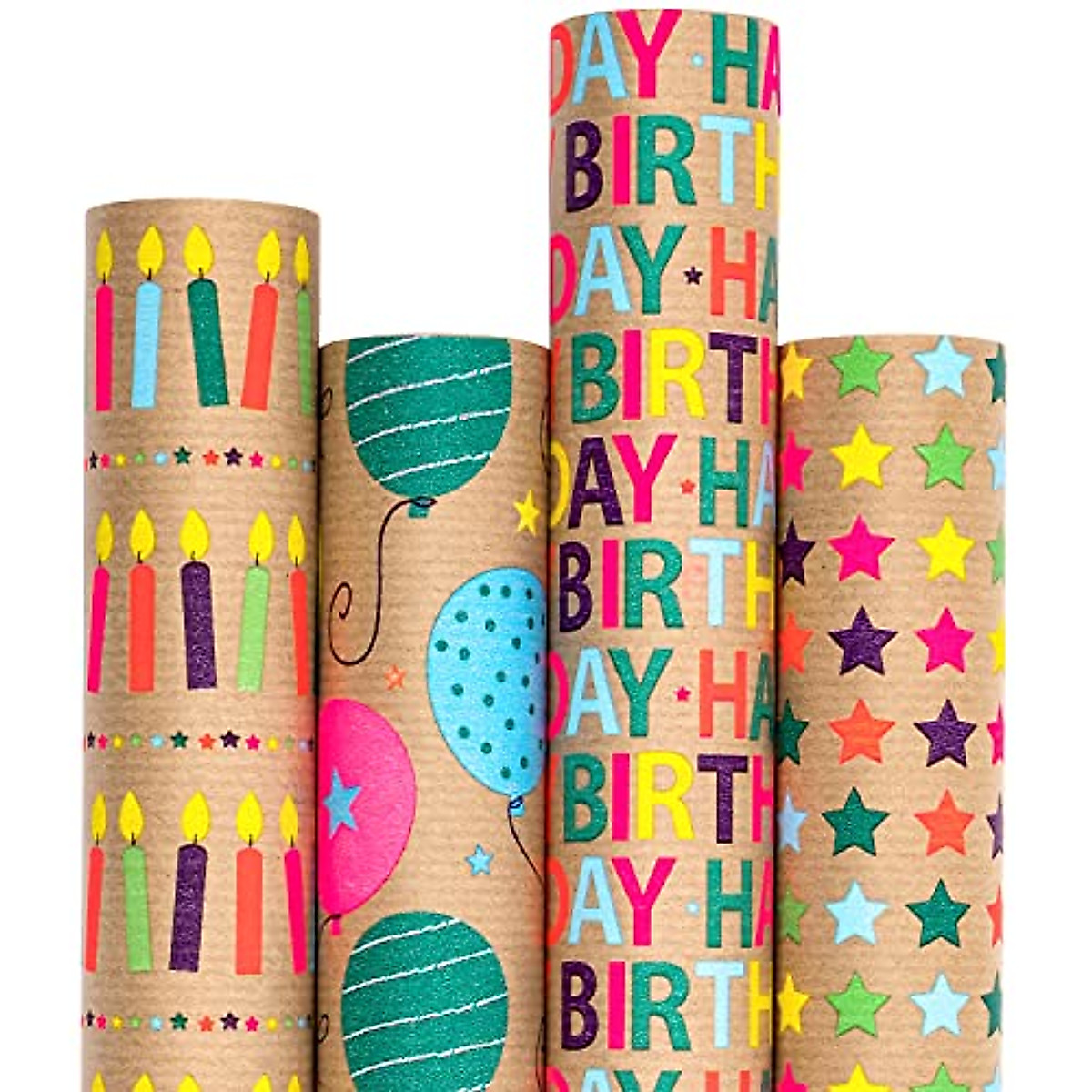 RUSPEPA Wrapping Paper Kraft Paper - Colorful Birthday Text Wrap Design - 4 Rolls - 30 inches x 10 feet per Roll