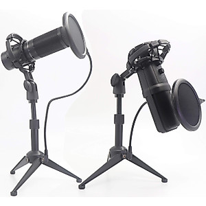 Desktop Microphone Tripod Suspension Stand with Shock Mount Anti-Vibration Mic Holder and 4" Round Mask Shield Double-Net Wind Screen Pop Filter (Large, Black)