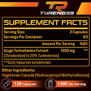 Testosterone Booster, Turkesterone Supplement 1300mg Ultra High Strength (Ajuga Turkestanica Extract Std. to 20% Testosterone), for Athletic Performance & Muscle Mass,120 Capsules