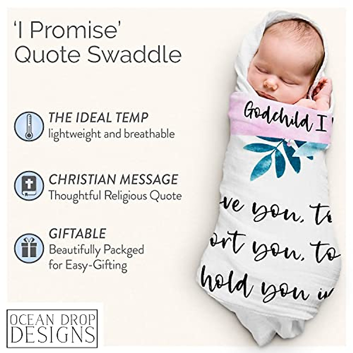 Ocean Drop Designs 100% Cotton Baby Blanket - Muslin Swaddle Blankets, Baby Swaddle, Newborn Swaddle, Receiving Blankets, Gender Neutral Baby Gift, Christian Baby Gifts, Baptism Gifts for Boys & Girls