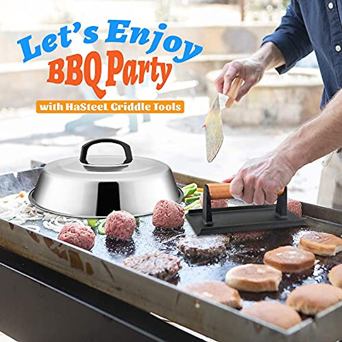 12In Cheese Melting Dome & 8x4In Cast Iron Grill Press, HaSteeL Stainless Steel Basting Cover with Heavy Duty Burger Bacon Press, Griddle Accessories for Teppanyaki Flat Top Stovetop Indoor & Outdoor