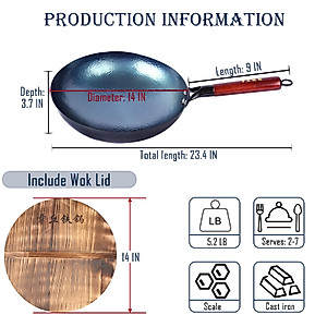 TKRADISH 14 Inch Chinese Hand Hammered Iron Wok and Stir Fry Pans with Wooden Handle and Lid Round Bottom Wok Pan Non-stick No Coating Ideal for Home Use and Gift Giving