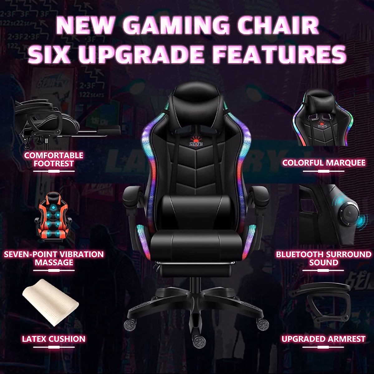 White Gaming Chair with LED Light, Ergonomic Pro Gaming Chair with Full Massage Lumbar Support, Bluetooth Speakers Computer Chair for Retractible Footrest and Backrest Adjustable,White