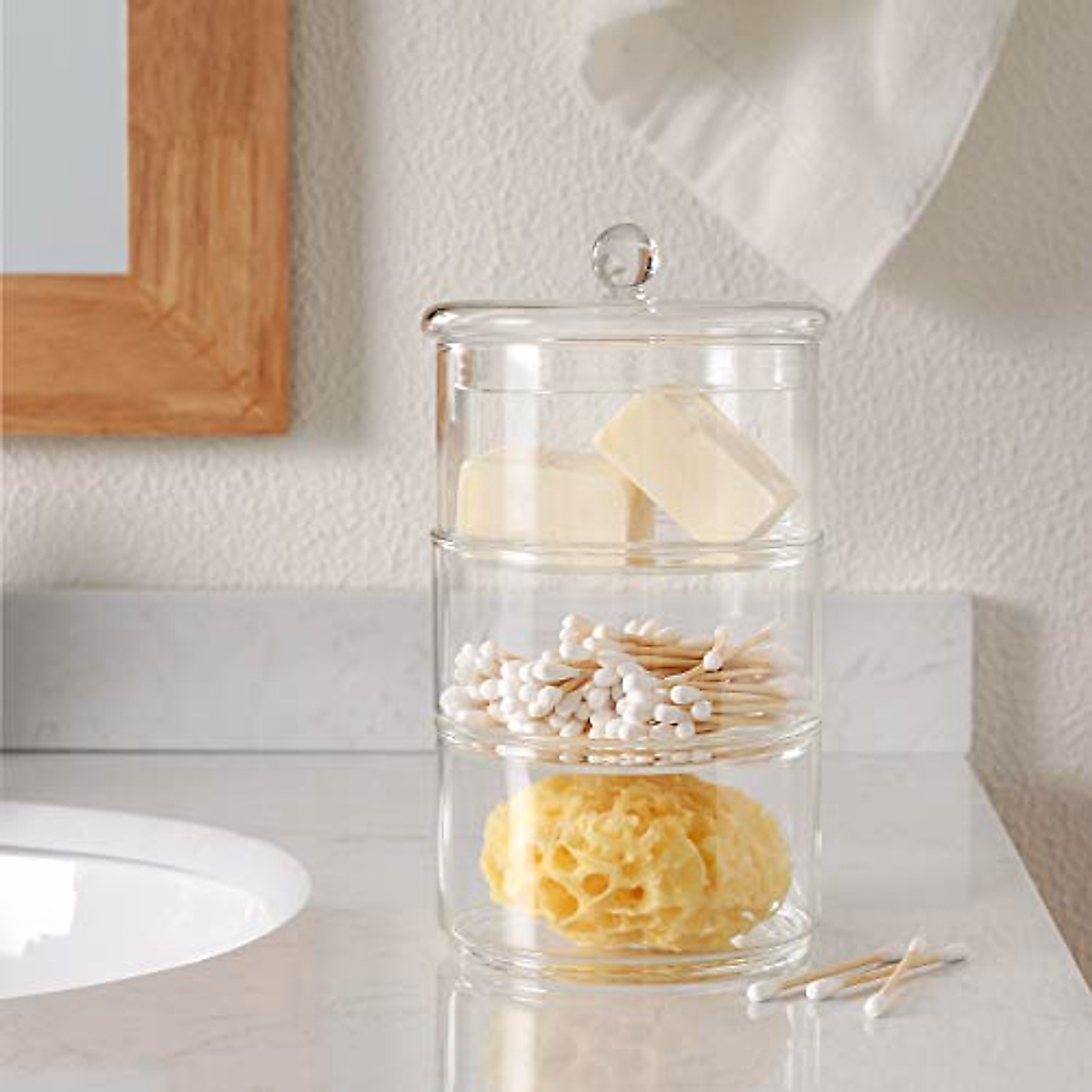 KMWARES Small 3 Tier/Level Stackable Round Glass Storage Container/Canister/Organizer/Apothecary Jar Set with Lid - Nice for Snack/Candy/Cookie Display or Kitchen/Bathroom Decoration (Clear)