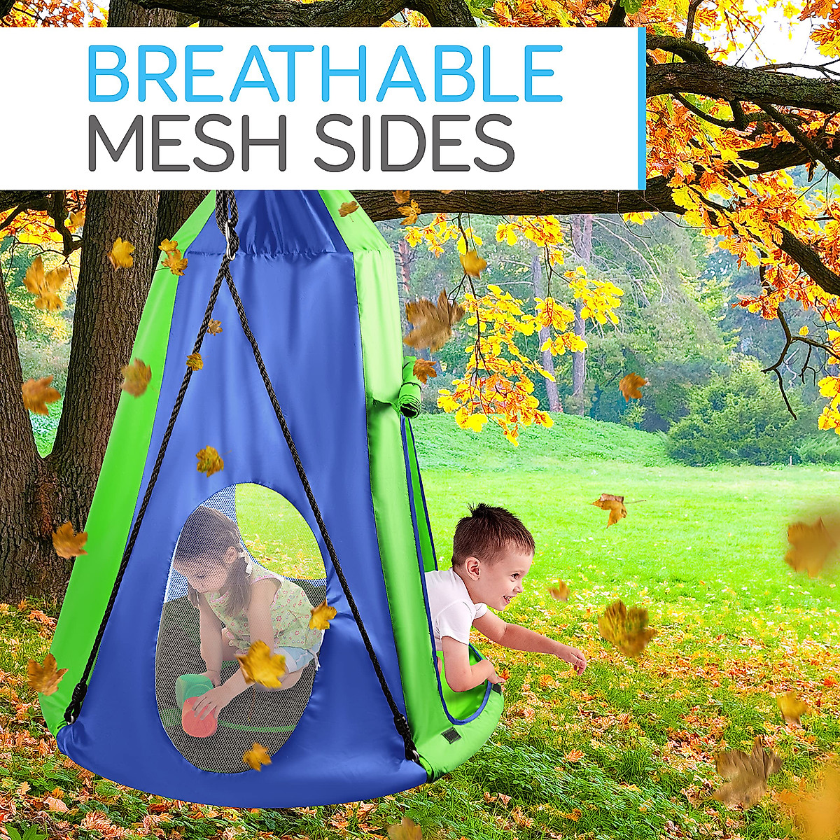 SereneLife 40" Kids Hanging Tent Swing, Outdoor Saucer Swing with Rope Straps (Green), Large