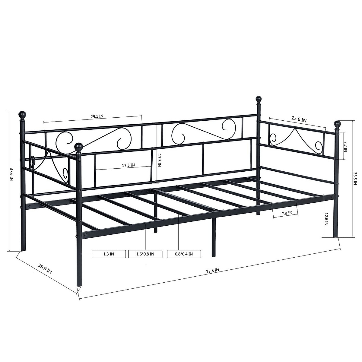 Symylife Classic Twin Daybed Metal Bed Frame with Headboard, Sturdy Steel Slats Support, Easy Assembly, Mattress Platform Bed Sofa for Living Room Guest Room,Black