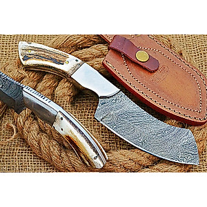 HUNTEX Handmade Hand-Forged Twist Pattern Damascus Steel 9 Inch Long Full Tang Natural Deer Antler Handle Razor Sharp Hunting Camping Cleaver Knife w/Genuine Leather Sheath