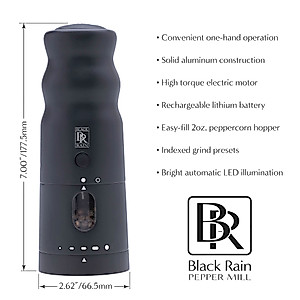 BLACK RAIN Pepper Mill Grinder - High Pepper Volume Automatic Peppercorn Grinder w/Built-in LED Lighting - Sturdy Aluminum Electric Pepper Grinder w/Rechargeable Lithium Battery (Matte Black)