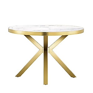 AUZ Round Dining Table, 45 inch White and Gold Table with Gorgeous Polished Stainless Steel Circle Trim and Cross Legs