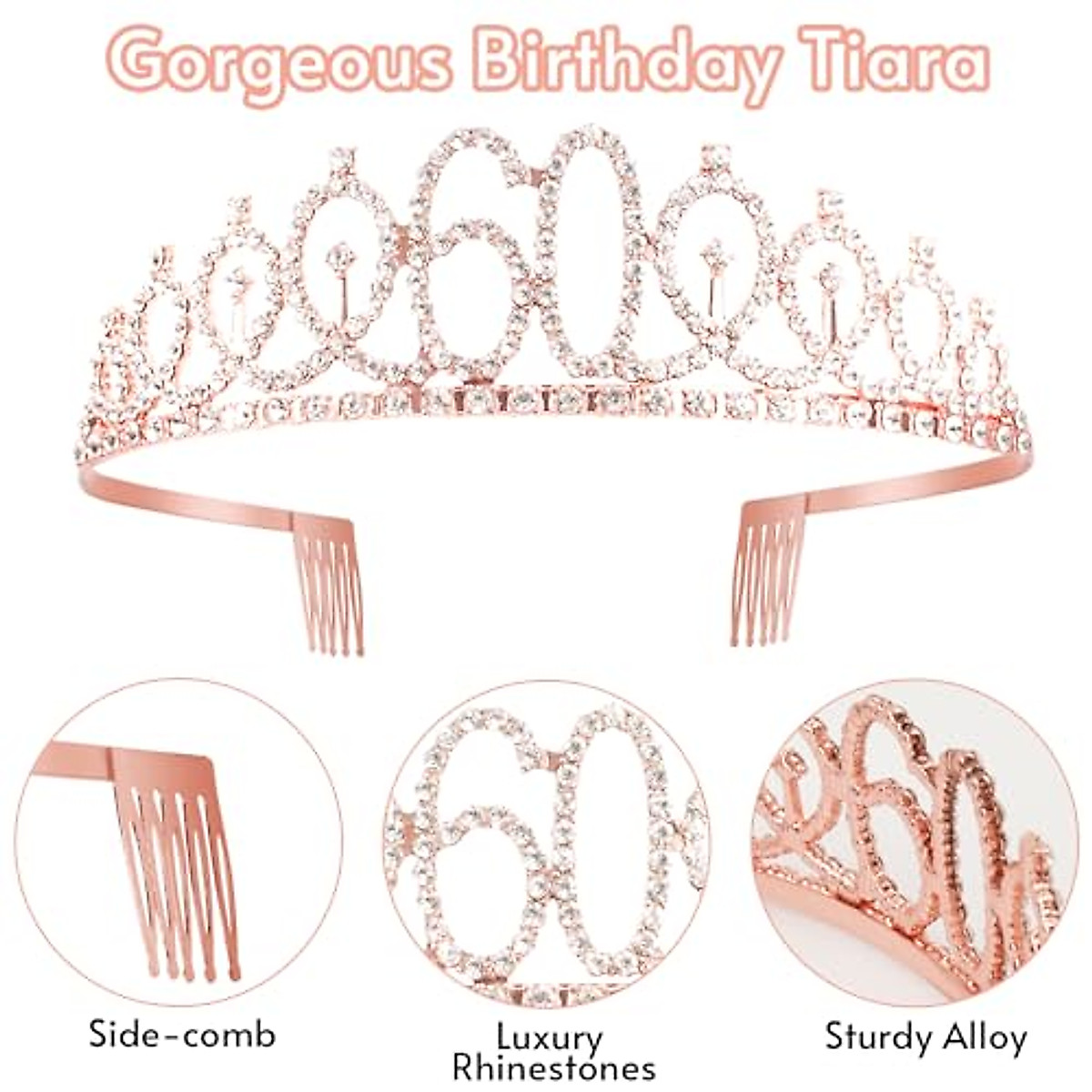 60th Birthday Decorations, Birthday Crown Set Includes Rose Gold Shoulder Strap, Cake Insert Plaque, 60th Font Candle, Kraft Greeting Card, and Simulated Roses Perfect for Women/Girls Birthday Party!