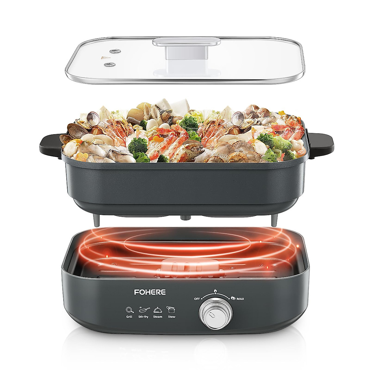 FOHERE 4.8Qt Hot Pot Electric, Ceramic Nonstick Electric Pot for Cooking, 1300W Electric Shabu Shabu Pot w/Dual Temperature Control for Home, Party, Family & Friend Gathering