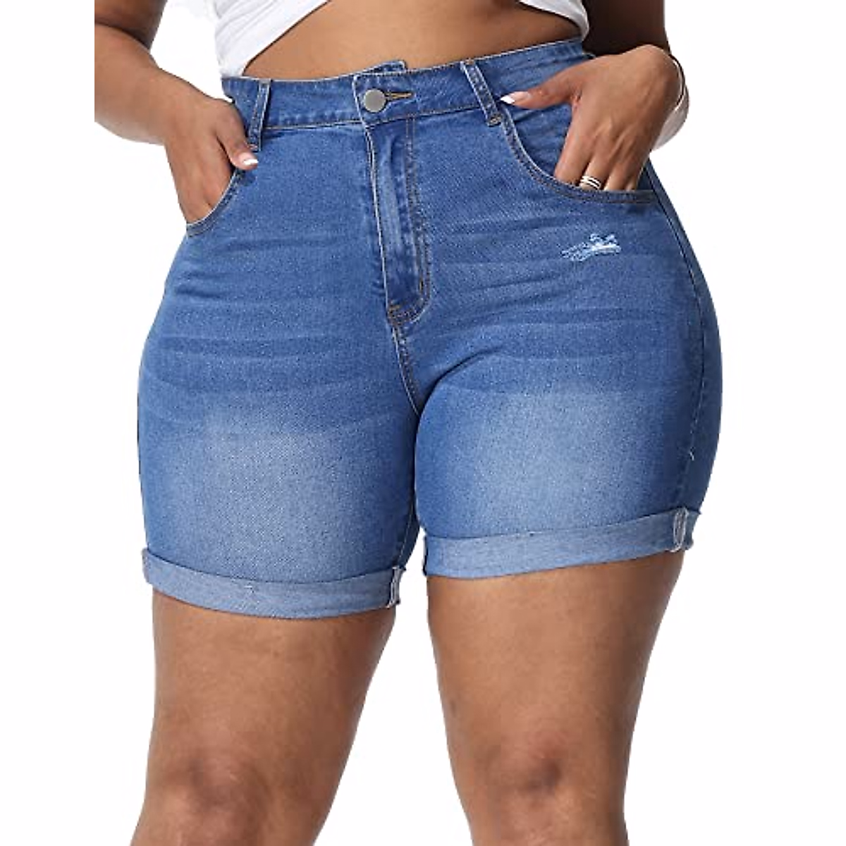 ALLEGRACE Women's Plus Size Denim Shorts High Waist Folded Hem Pockets Jeans Shorts Light Blue 16W