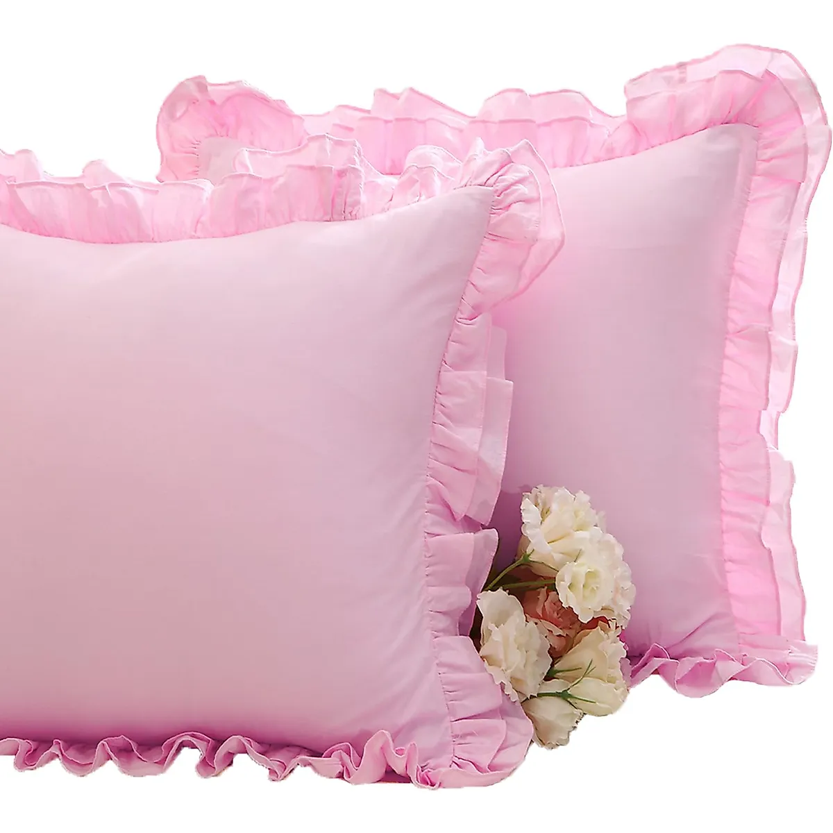 YOKKITA 2 Pack Pink Ruffle Euro Pillow Sham Covers 26x26 inches, 100% Cotton Pillowcases Princess Vintage and Shabby for Girls Bed Gift for Her