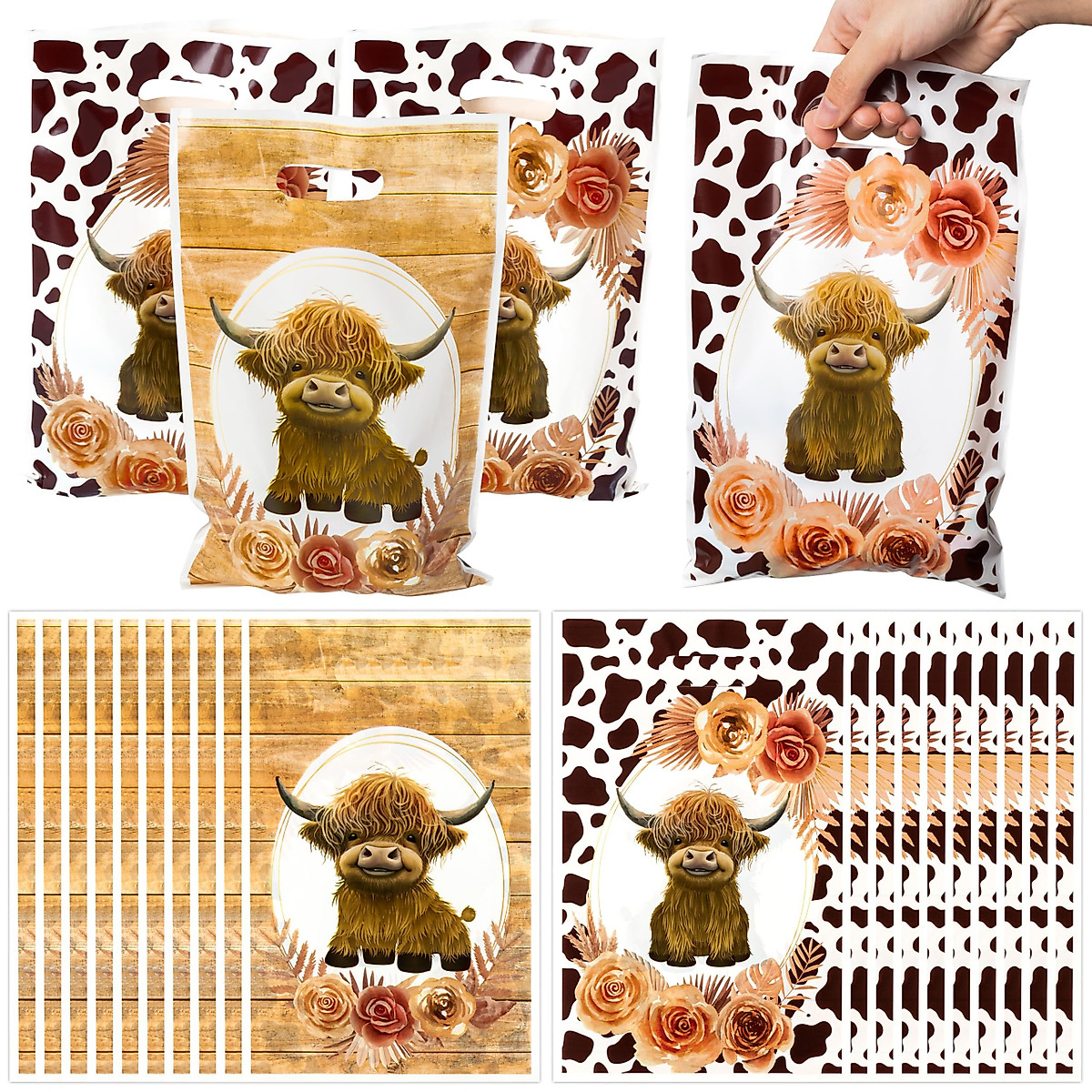 ArianQicult Highland Cow Party Favor Bags - 50Pcs Brown Cow Print Goody Candy Treat Gifts Bags, Highland Cattle Themed Party Decorations for Kids Birthday Baby Shower Animals Theme Events Supplies