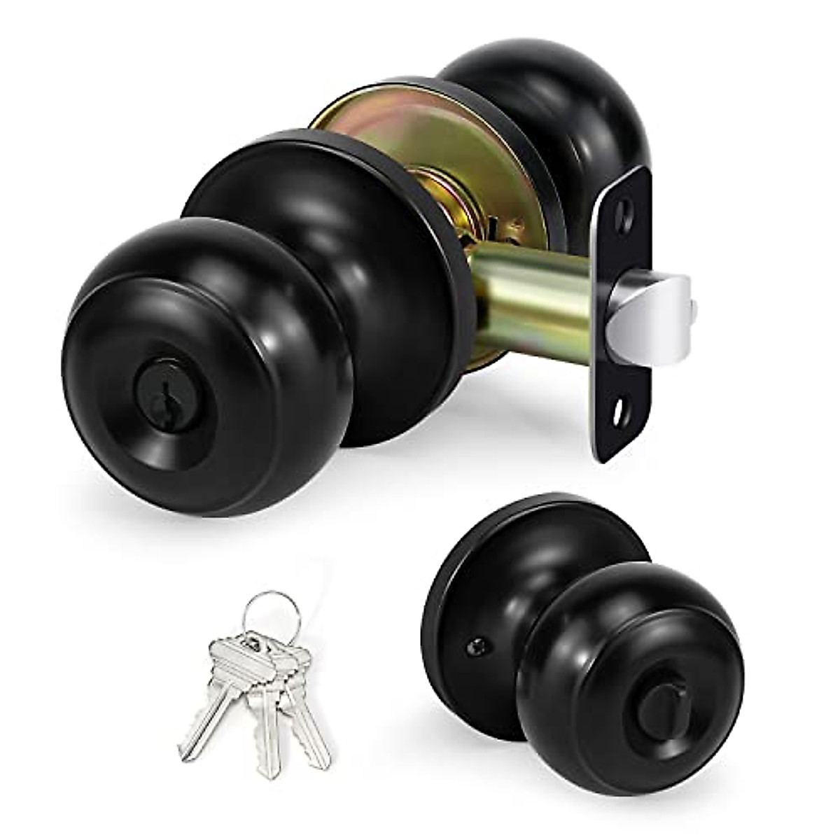 LOQRON Keyed Entry Door Knob for Entrance, Front Doorknob with Lock and Key for Exterior & Interior Right and Left Side Bedroom, Living Room, Matte Black,1 Pack