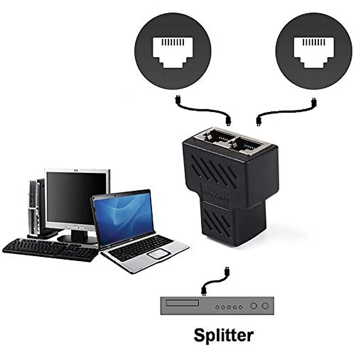 RJ45 Splitter Adapter, Minriu 1 to 2 Port USB to RJ45 Socket Adapter Interface Ethernet Adapter 8P8C Extender Plug LAN Network Connector for Cat5, Cat5e, Cat6, Cat7, Black 1