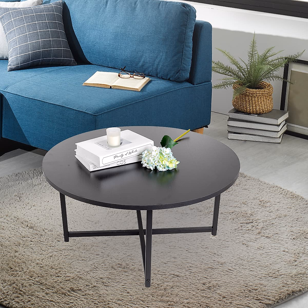 Round Coffee Table Modern Coffee Table Sofa Table Tea Table for Living Room, Office Desk, Balcony, Wood Desktop and Metal Legs,23.6inch Black