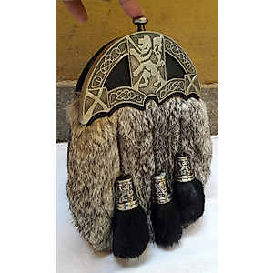 Generic Men's Scottish Kilt Dress Sporran Rampant Lion Cantle & Tassels Caps (free belt), Gray, Standard