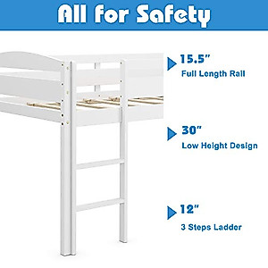 Costzon Twin Loft Bed, Solid Wood Low Loft Bed w/Guard Rail and Ladder, Boys & Girls Twin Bed for Kids Room, No Box Spring Needed, Classic Children Low Loft Bed with Storage for Bedroom, White