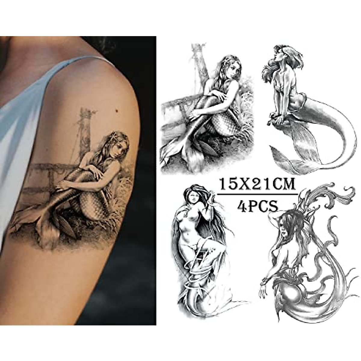 YAKAGO 13 Pieces Mermaid Temporary Tattoos For Women Girls Waterproof Fake Tattoo Stickers