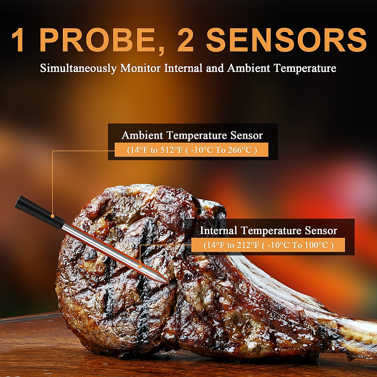 Smart Meat Thermometer with Bluetooth | 165ft Wireless Range for Oven, Grill, Kitchen, BBQ, Smoker, Rotisserie