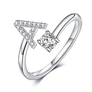 S925 Sterling Silver Initial Rings for Women Girls, Adjustable Initial Rings Cubic Zirconia Stackable Alphabet Letter A Rings for Teen Teenage Girls Teens Birthday Gifts for Daughter Granddaughter