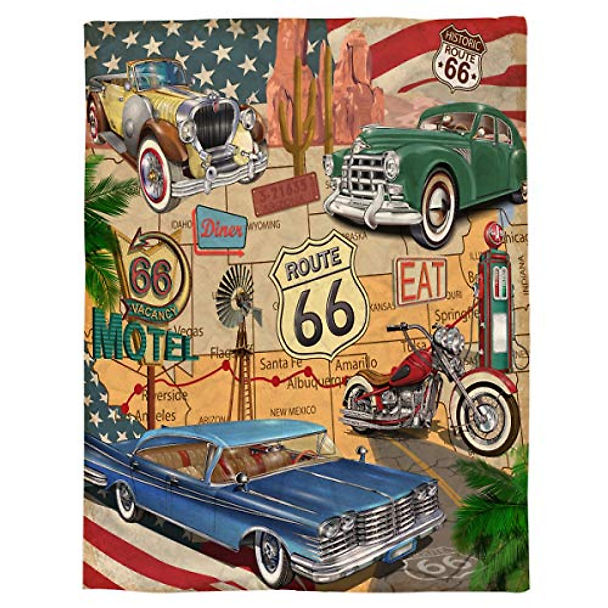 Singingin Ultra Soft Flannel Fleece Bed Blanket Retro Car Motel Route 66 Throw Blanket All Season Warm Fuzzy Light Weight Cozy Plush Blankets for Living Room/Bedroom
