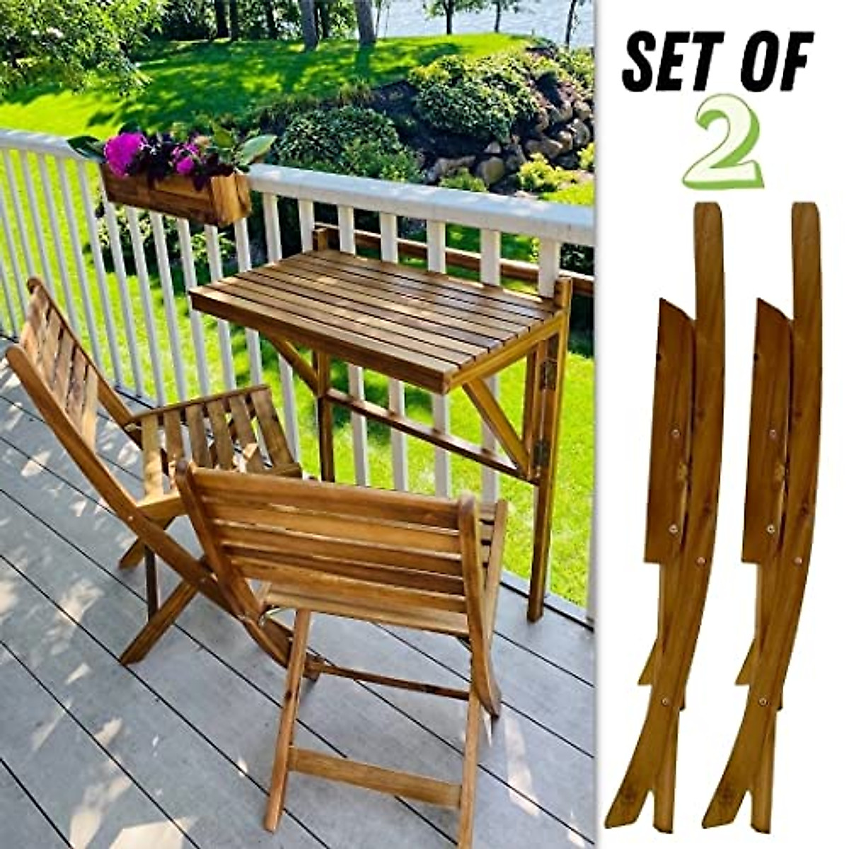 Patio Wise Outdoor Folding Patio Chair Set, 2 Foldable Acacia Wood Seats, Backyard, Balcony, Porch, & Garden Furniture, 15-1/2-Inches Wide x 15-3/4-Inches Deep x 32-Inches High, Teak