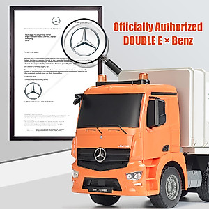 DOUBLE E Benz Licensed Remote Control Garbage Truck Electric Recycling Toy Set with Trash Bin Real Lights Rechargeable Waste Management Trash Truck Toys Gift for Kids