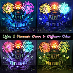 MZD8391 UPGRADED 3D Pop Up Firework Birthday Cards, Musical & LED Lights Birthday Cards with Blowable Birthday Cake, Greeting Cards, Birthday Gifts for Mom Women Men Kids Child Dad Father Wife (Blue)