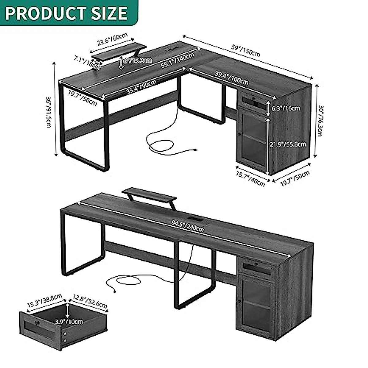 YITAHOME L Shaped Desk with Power Outlets & LED Lights, Reversible Computer Desk with Drawer, Corner Desk Home Office Desk with Monitor Stand and File Cabinet, Gaming Table, Writing Desk, Grey