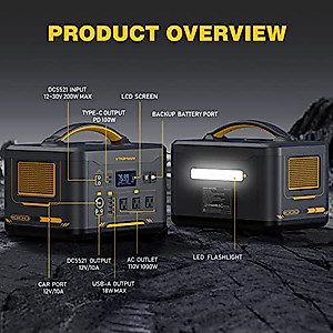 VTOMAN 1000 Portable Power Station 1408Wh 1000W (Peak 2000W), Solar Generator Station, LiFePO4 (LFP) Battery Powered Generator with 3x Pure Sine Wave 1000W AC Outlets for Outdoor Camping & Home Backup
