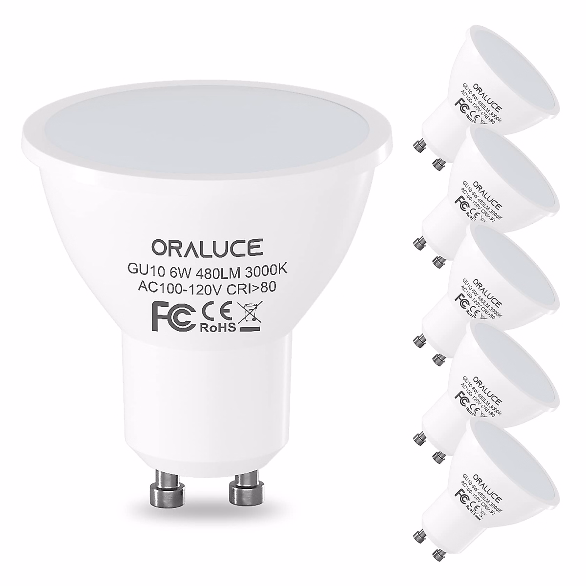 ORALUCE GU10 LED Bulbs, 6 Watt Equivalent to 50W Halogen Light Bulb, Non-dimmable, 3000K Soft White,120 V, 480 Lm, 120° Flood Beam Angle, MR16 Shape for Recessed, Track Lighting, Pack of 6