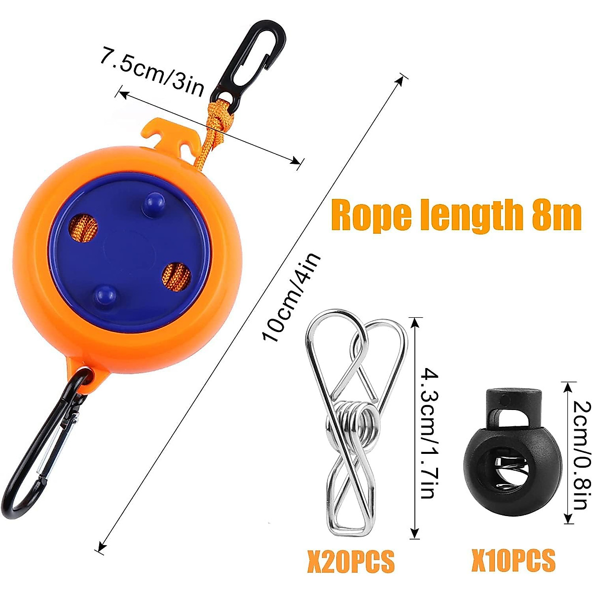 Portable Travel Clothesline Set,Adjustable Camping Clothesline,8m Anti-Tangle Retractable Clothesline,with 10 Fixed Buckles and 20 Clothespins, for Indoor Outdoor Balcony Garden Hotel