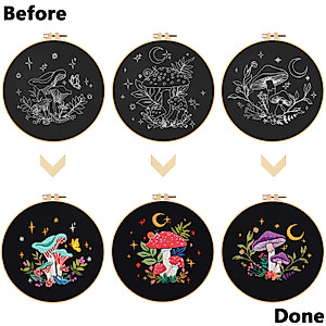 Nuberlic 3 Pack Embroidery Kit for Adults Beginners, Stamped Cross Stitch Mushroom Patterns with Hoop, Thread, Needles & Step-by-Step Guide Easy DIY Starter Kit