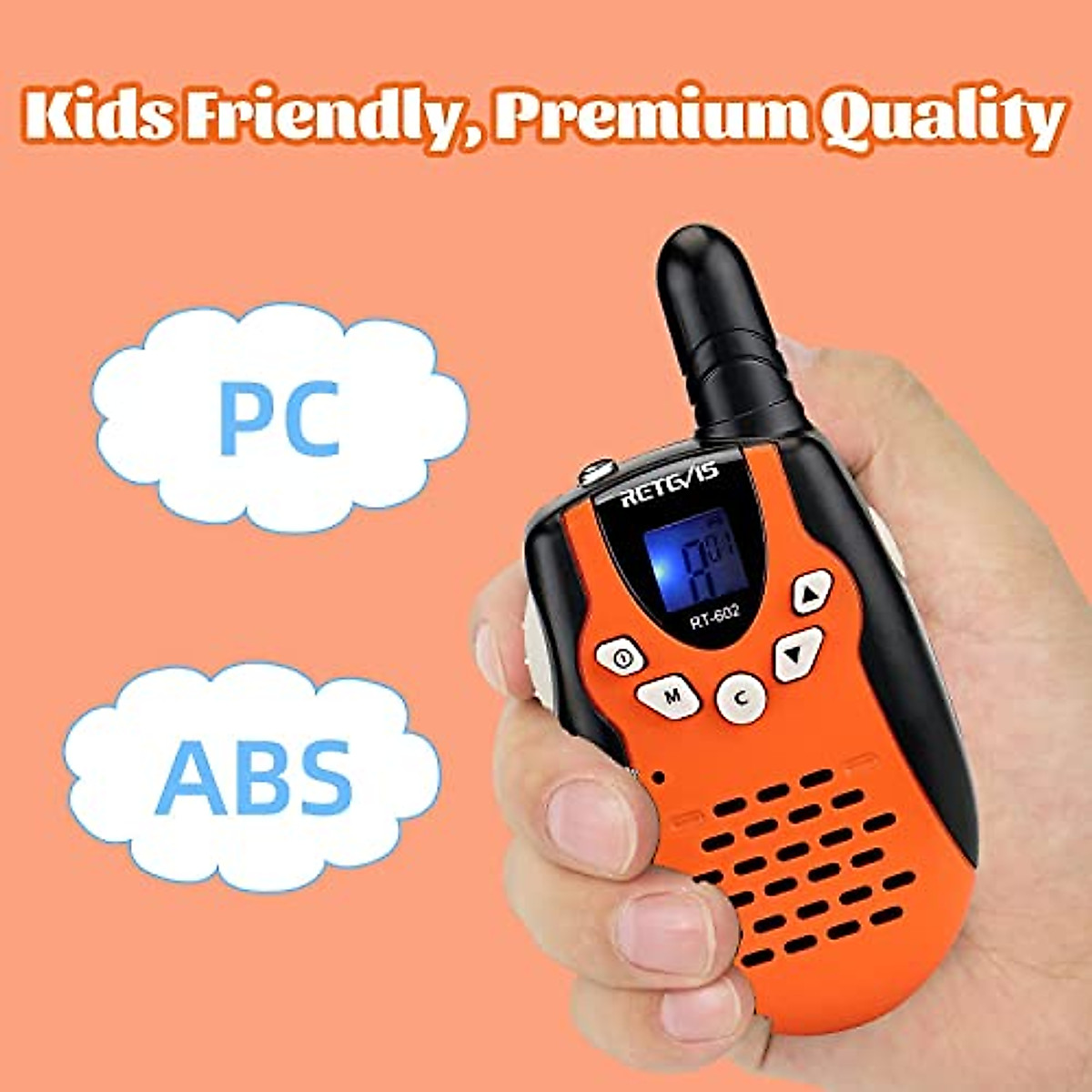 Retevis RT-602 Walkie Talkies Rechargeable,Toy with Lithium Batteries,Charger Station,22 CH,Flashlight,Kids Gifts for Boys Girls,Neighborhood,Camping(2 Pack,Orange)