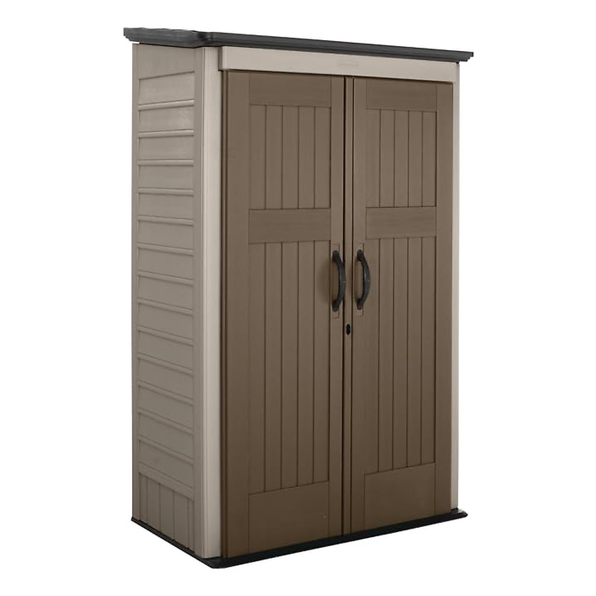 Rubbermaid Vertical Resin Outdoor Storage Shed, With Floor (4 x 2.5 Ft), Weather Resistant, Brown, Organization for Home/Backyard/Garden Tools/Porch/Patio Cushions/Pool Chemicals/Toys