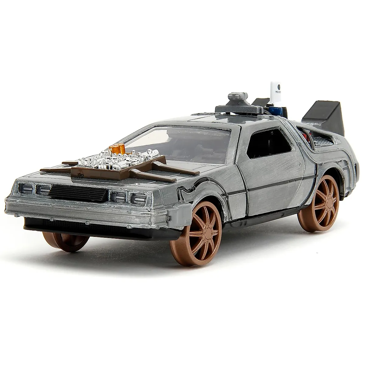 Delorean DMC (Time Machine) Brushed Metal Train Wheel Version Back to The Future Part III (1990) Movie Hollywood Rides Series 1/32 Diecast Model Car by Jada 34786