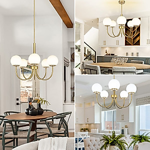 Yolsunes 5-Light Gold Chandelier, Globe Modern Sputnik Light Fixture with Frosted Glass, Vintage Semi-Flush Mount Ceiling Light for Dining Room, Large Pendant Lighting for Kitchen Living Room Bedroom