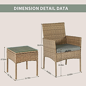 VSMKSJ 3 Pieces Patio Set Balcony Furniture Sets for Apartments.Bistro Furniture Set, Conversation Sets with Coffee Table, for Porch, Patio, Garden and Removable Cushions (Grey)