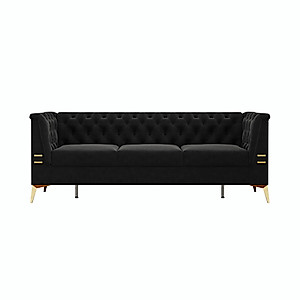 ERYE Mid-Century Modern Velvet Chesterfield Button Upholstered 3 Seaters Sofa Couch, Golden Legs, Flared Padded Armrest,Removable Cushions Cover for Living Room,Bedroom,Office,Apartment, Dorm