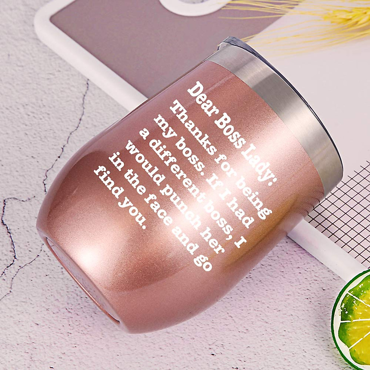 AMZUShome Thanks For Being My Boss Lady Mug.Boss Day Gifts Office Gifts.Moving Appreciation Retirement Birthday Christmas Gifts For Female Women Boss Lady Wine Tumbler(12oz Rose Gold)