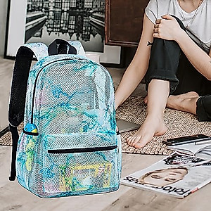 LEDAOU Mesh Backpack for Kids Girls Semi-Transparent Mesh School Backpack Bookbag Lightweight Casual Daypacks for Beach Gym(Marble Purple Blue Green)